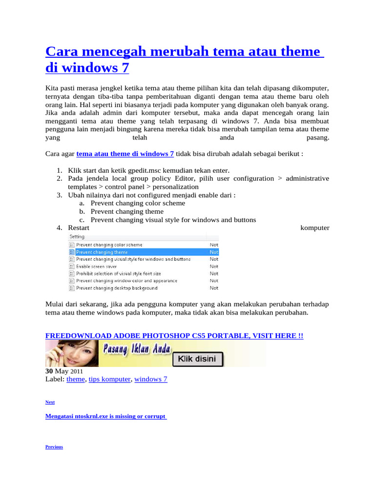 Cara Mencegah Merubah Tema Atau Theme Di Windows 7 | PDF