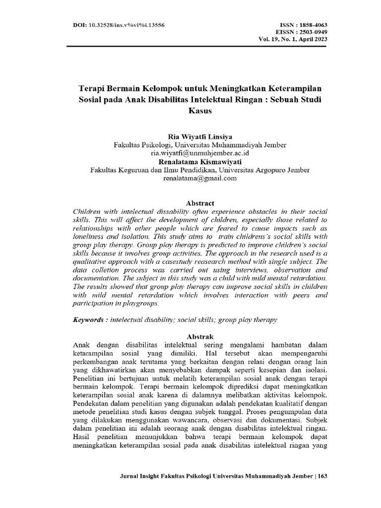 Terapi Bermain Kelompok Untuk Meningkatkan Keterampilan Sosial Pada Anak Disabilitas Intelektual ...
