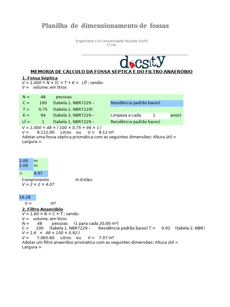 Planilha de Dimensionamento de Fossas | PDF