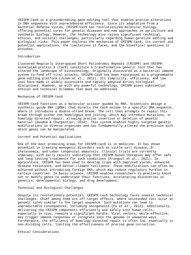 CRISPR-Cas9 Gene Editing: Promise, Challenges, and Ethical ...