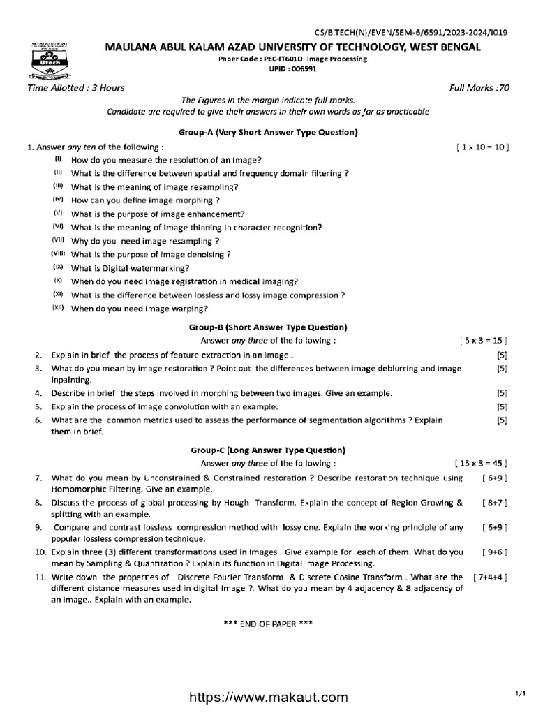 Btech Cse It 6 Sem Image Processing Pec It601d 2024 | PDF