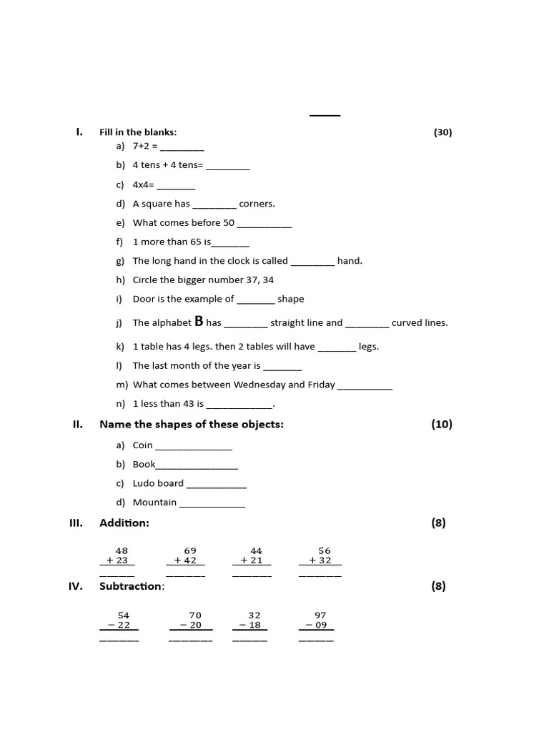 Class 1 Maths Sample Question Paper | PDF | Subtraction | Mathematics