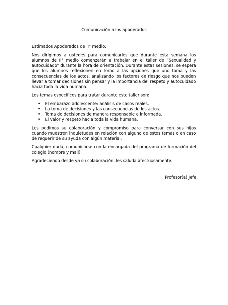 Comunicación A Los Apoderados | PDF