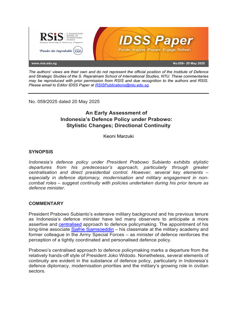 IDSS Paper Indonesias Defence Policy Under Prabowo | PDF | Military | Diplomacy