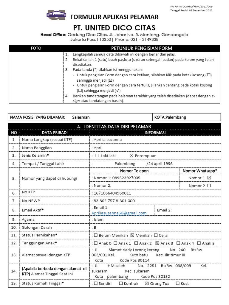 Pt. United Dico Citas: Formulir Aplikasi Pelamar | PDF