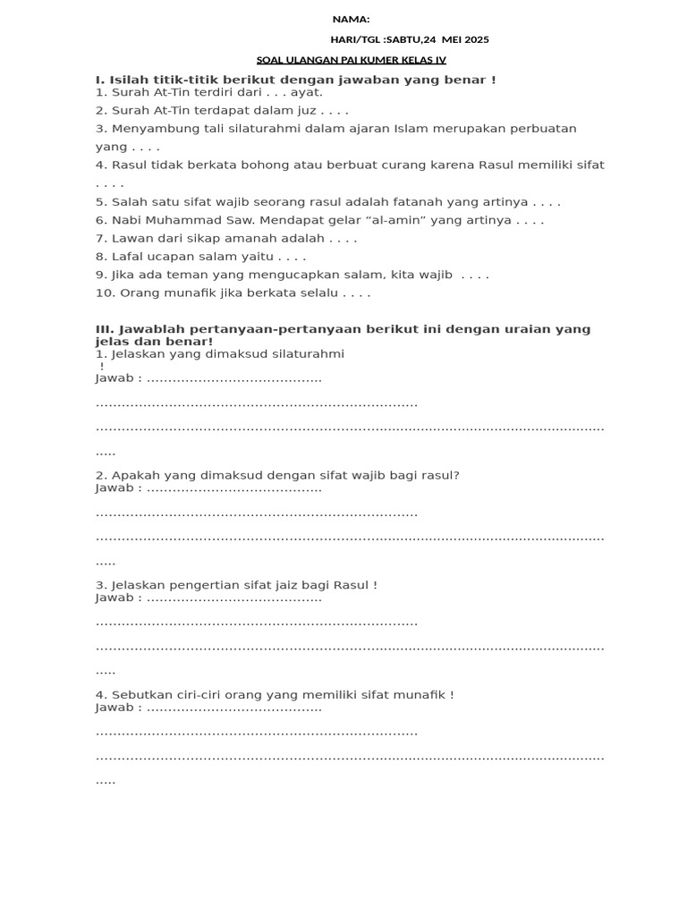 Soal Ulangan Pai Kumer Kelas IV | PDF