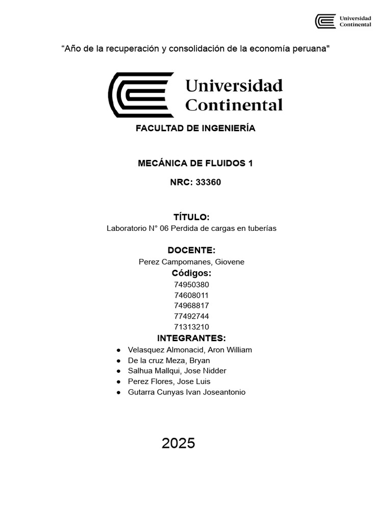 Informe-N06-Perdida de Cargas en Tuberias | PDF | Numero Reynolds | Física Aplicada e ...