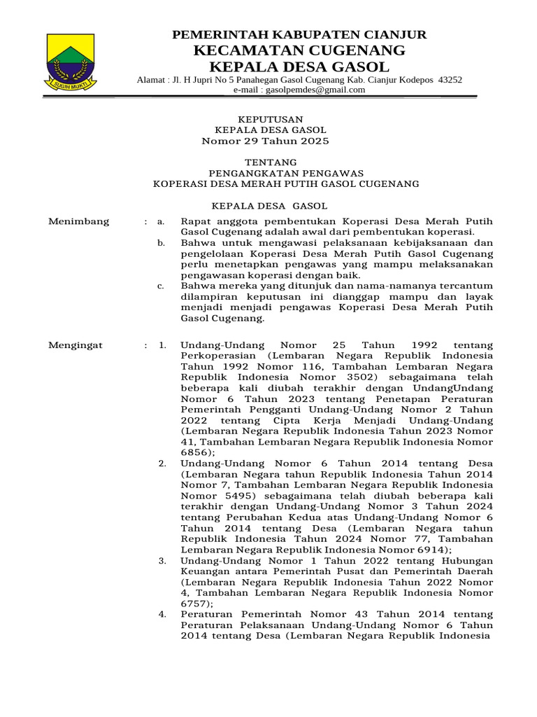 SK Pengurus Dan Pengawas Koperasi | PDF