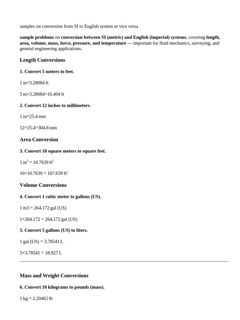 SI to English Conversion Examples | PDF | Pascal (Unit) | Gallon