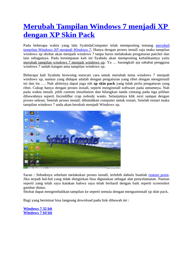 Merubah Tampilan Windows 7 Menjadi XP Dengan XP Skin Pack | PDF