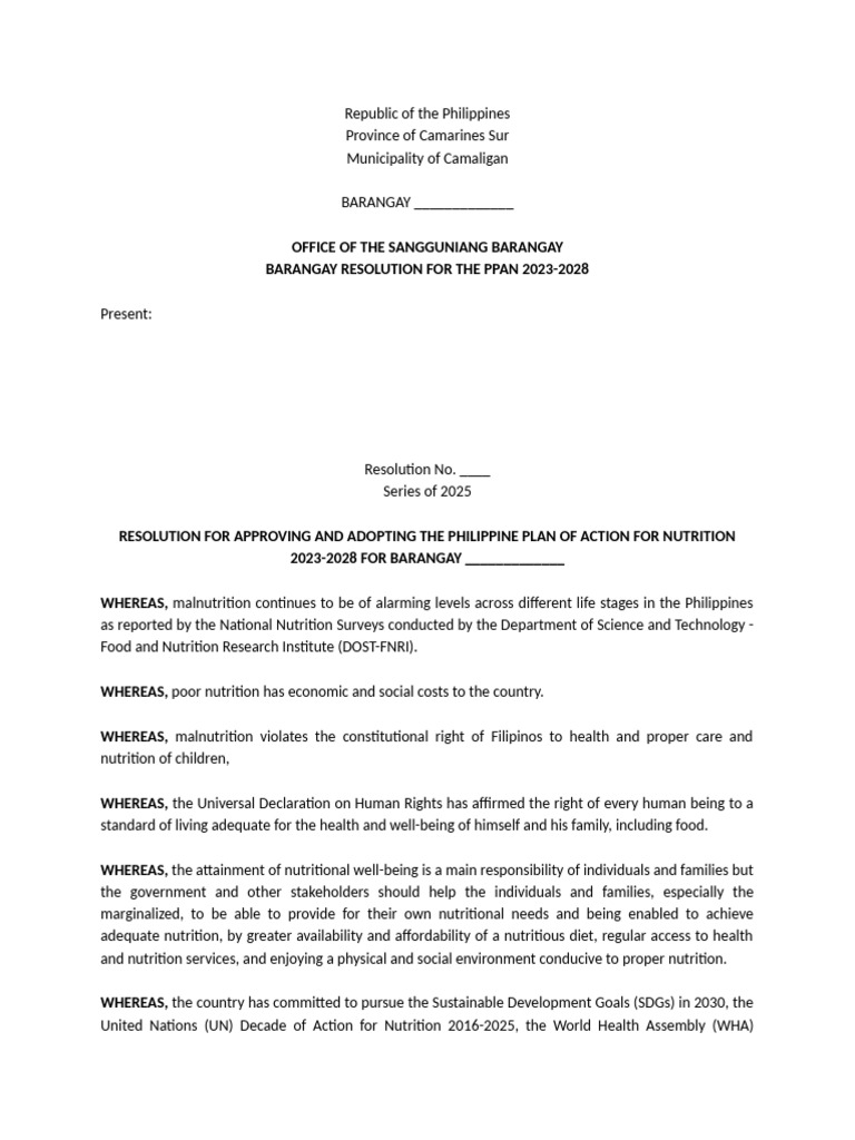 Adoption of Ppan 2023-2028 Reso For Brgy. | PDF | Malnutrition