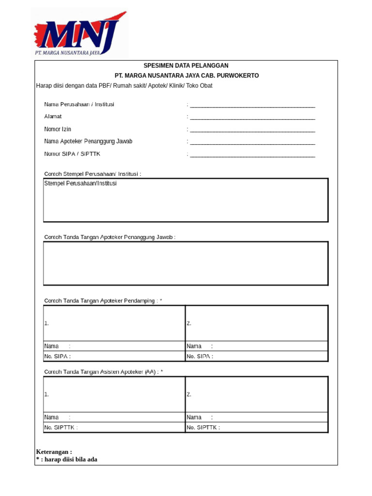Form Spesimen Data Pelanggan | PDF