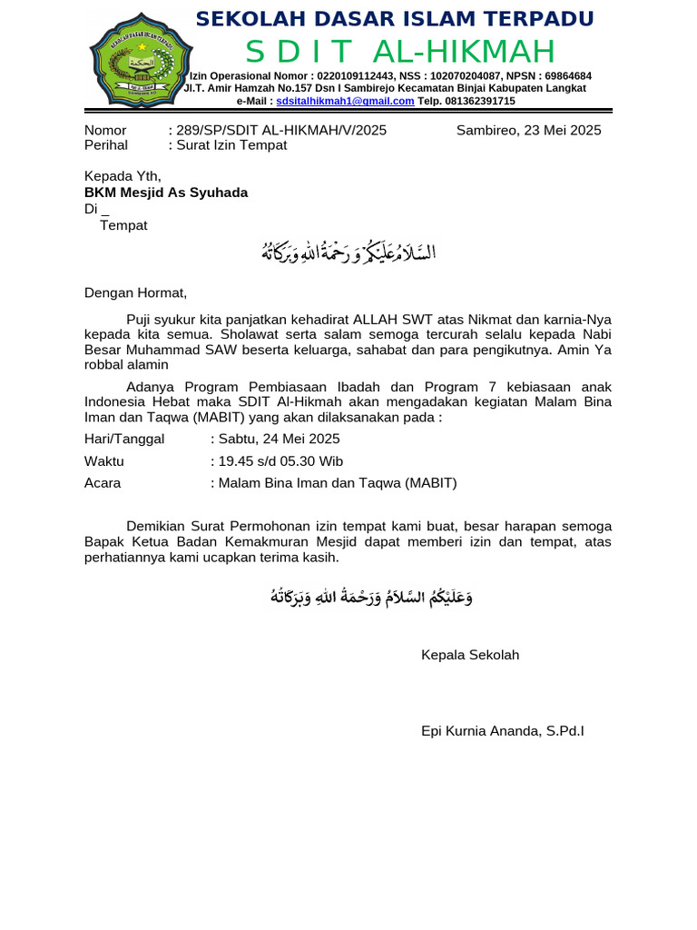 Surat Izin Kegiatan Di Mesjid | PDF