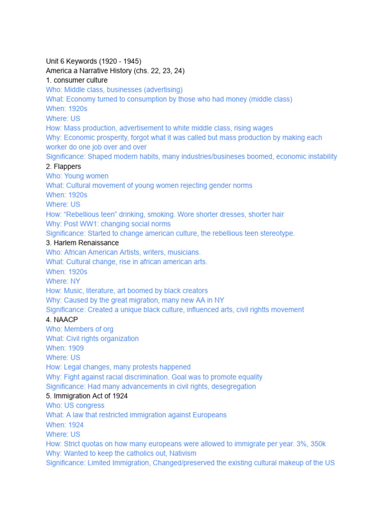 Unit 6 Keywords (1920 - 1945) | PDF | Great Depression