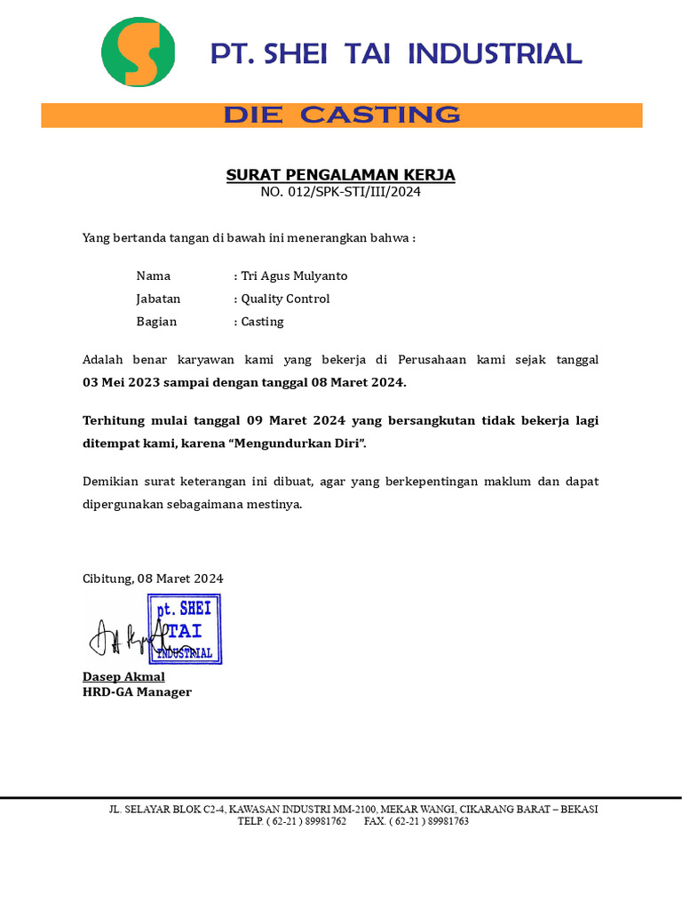 Paklaring PT Shei Tai Industrial - Tri Agus Mulyanto | PDF