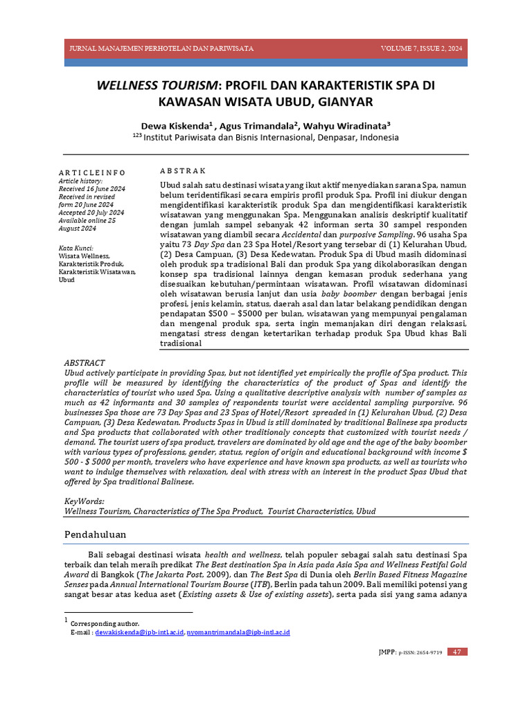 Wellness Tourism Profil Dan Karakteristik Spa Di Kawasan Wisata Ubud, Gianyar | PDF