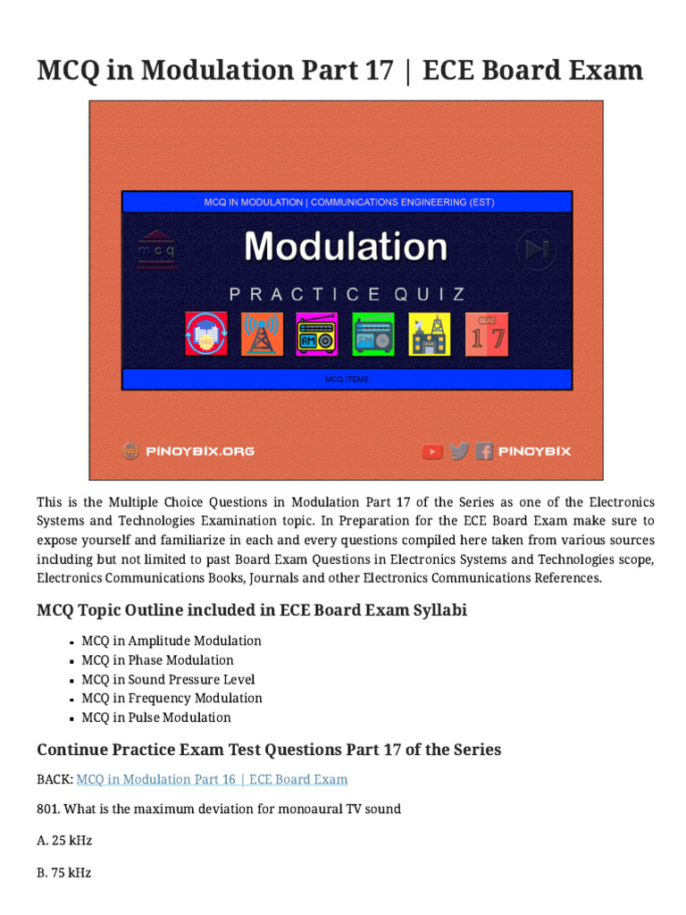 MCQ in Modulation Part 17 - ECE Board Exam - Ace Your Board Exam With PinoyBIX | PDF | Frequency ...