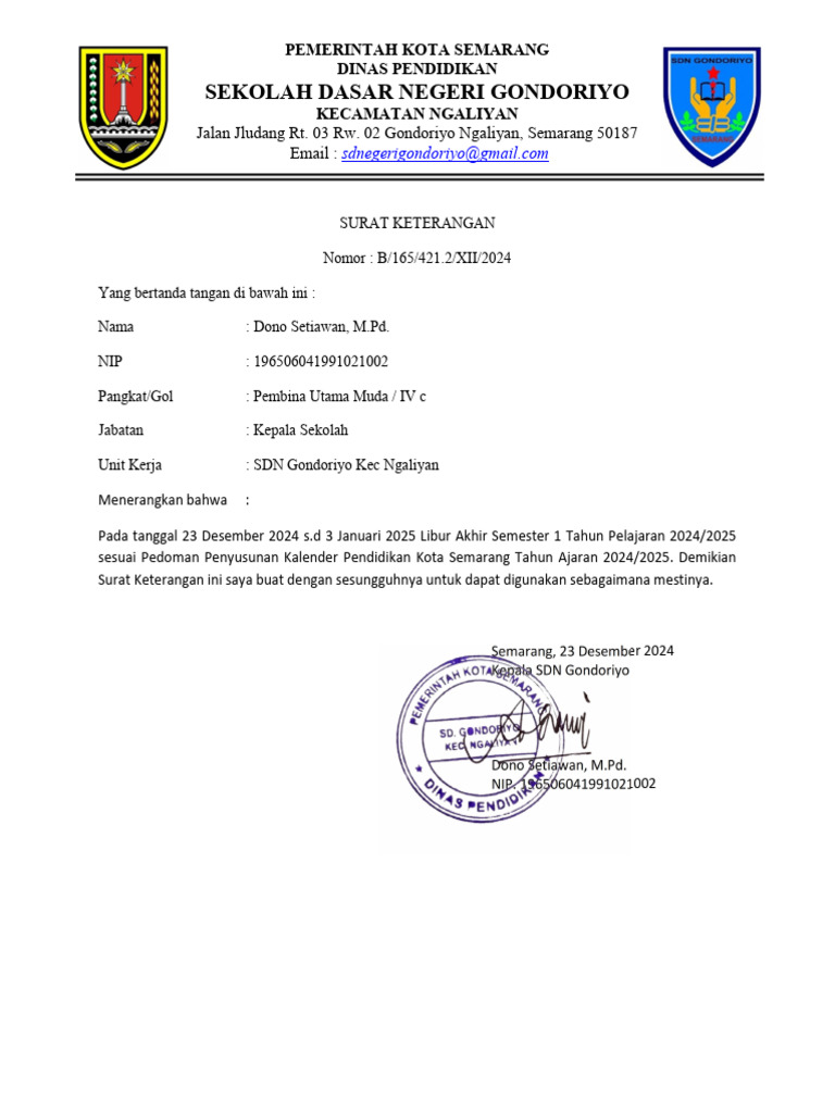 Surat Keterangan Libur Akhir Semester 1 Sdn Gondoriyo Th 2024 | PDF