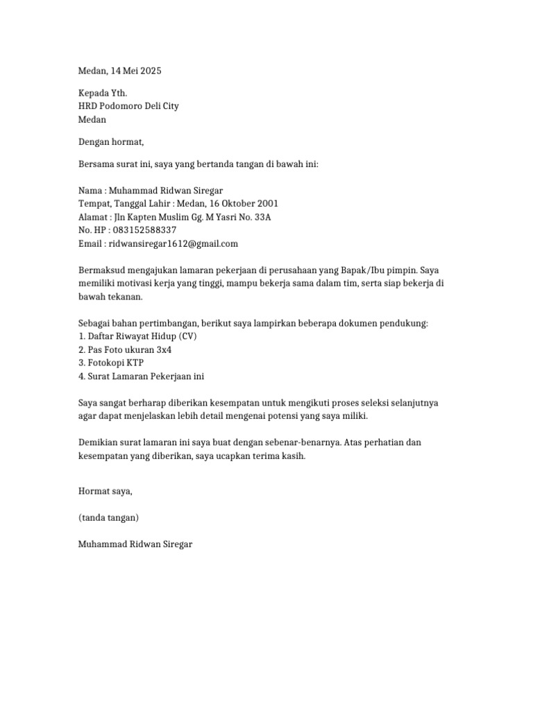 Surat Lamaran Muhammad Ridwan Siregar | PDF