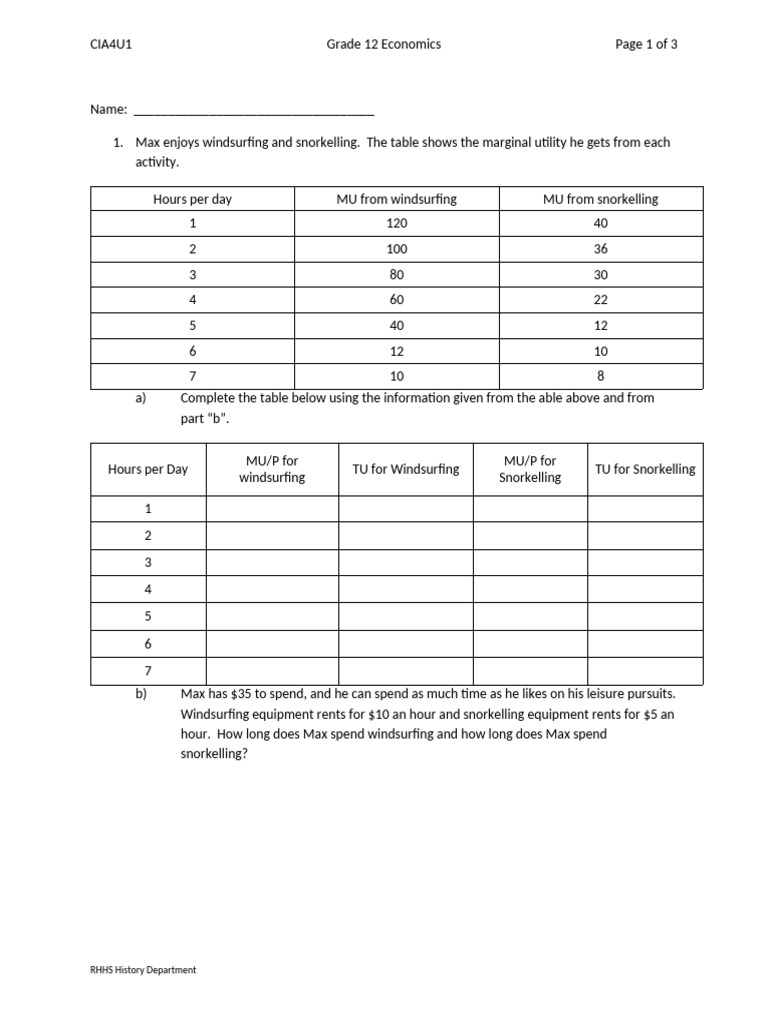 G - Utility in class worksheet | PDF | Utility | Prices