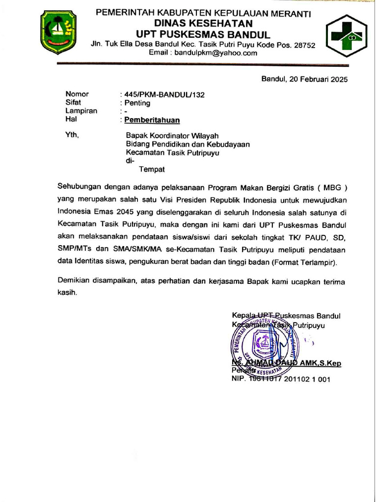 Surat Pendataan MBG Korwil | PDF