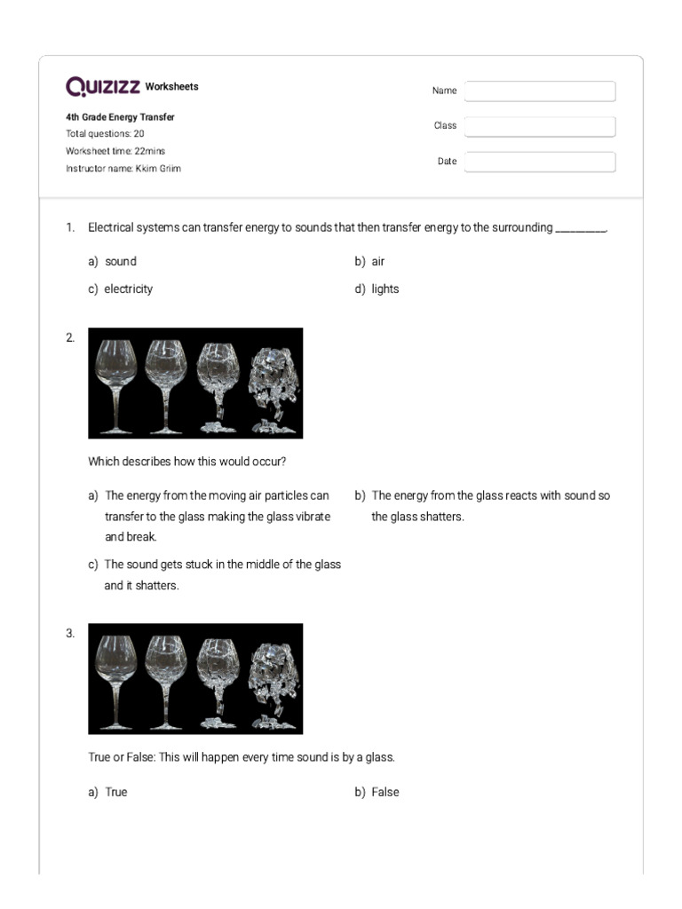 4th Grade Energy Transfer Worksheet | PDF | Sound | Light