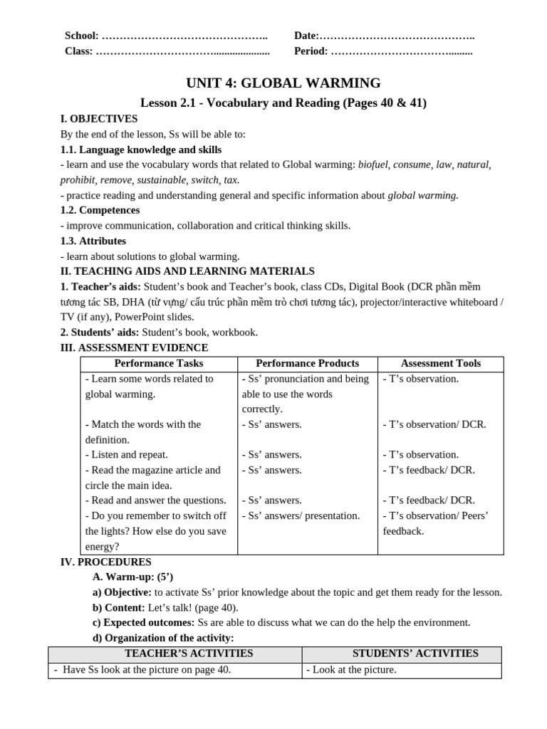 Unit 4 - Lesson 2.1 - Vocab & Reading - Pages 40 & 41 | PDF | Vocabulary | Cognition