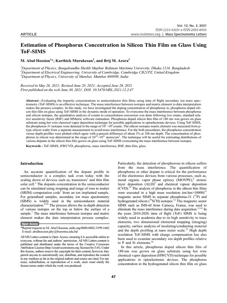 Estimation of Phosphorus Concentration in Silicon Thin Film On Glass Using ToF-SIMS | PDF ...