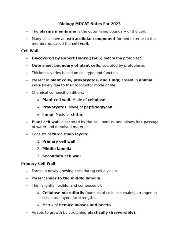 MDCAT 2025 Biology Notes Overview | PDF | Cell Wall | Cellulose