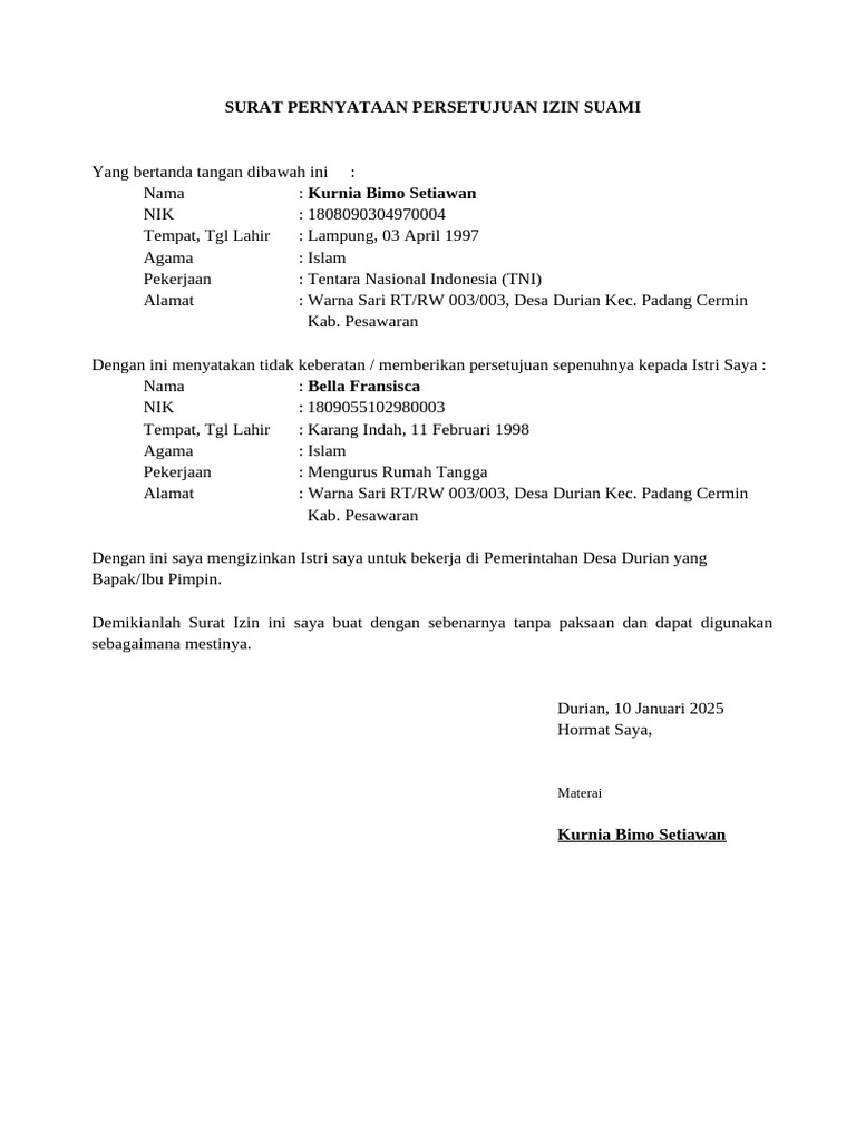 Surat Pernyataan Persetujuan Izin Suami | PDF