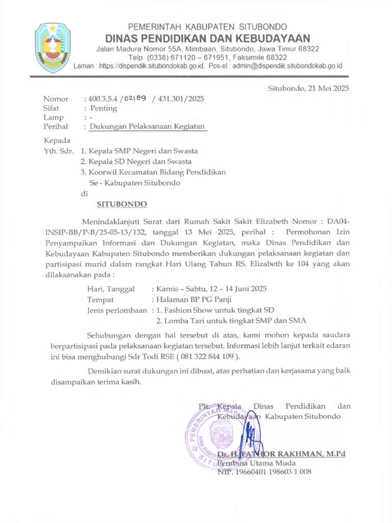 Surat Rekom Dinas Pendidikan - Juknis Lomba | PDF