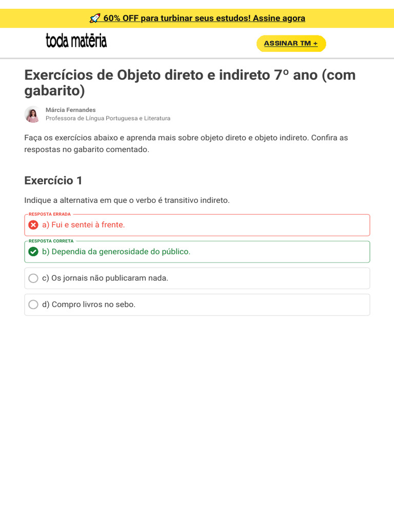 13.7. Exercícios de Objeto Direto e Indireto 7º Ano (Com Gabarito) - Toda Matéria | PDF | Objeto ...