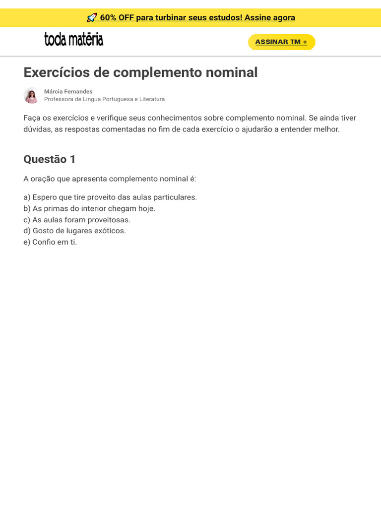 13.8. Exercícios de Complemento Nominal - Toda Matéria | PDF | Substantivo | Objeto (gramática)
