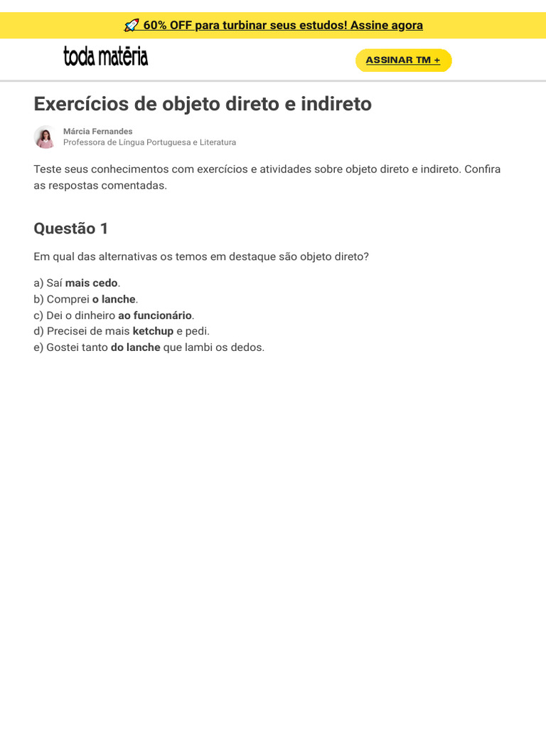 13.6. Exercícios de Objeto Direto e Indireto - Toda Matéria | PDF ...
