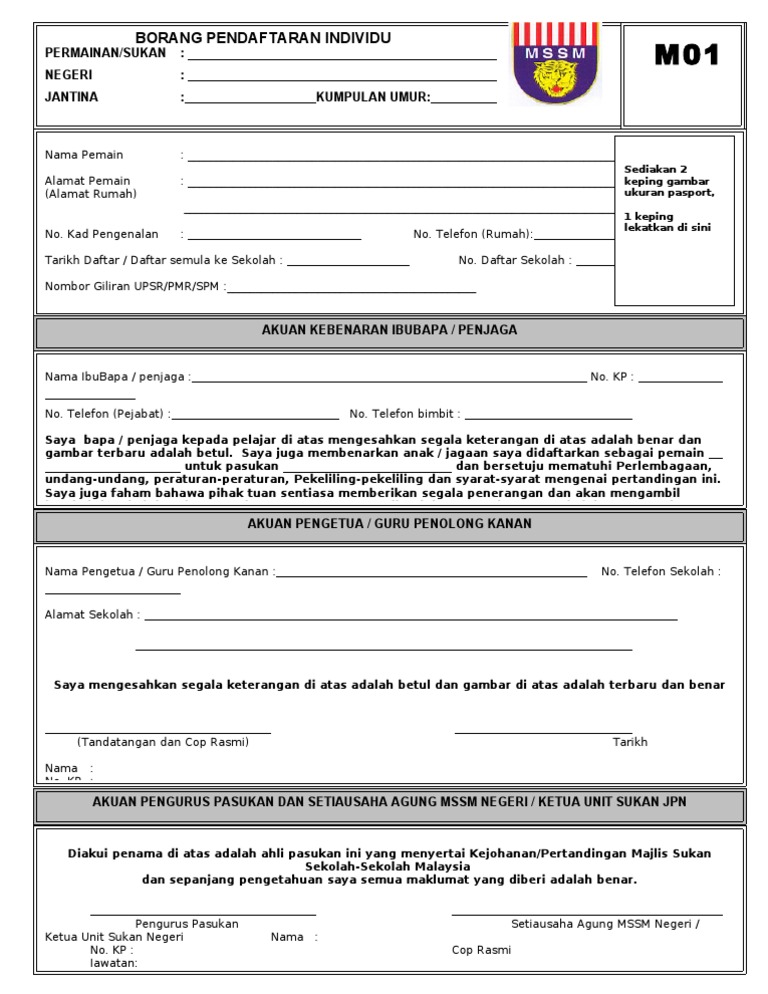 Borang M01 Terkini, MSSD - MSSM | PDF