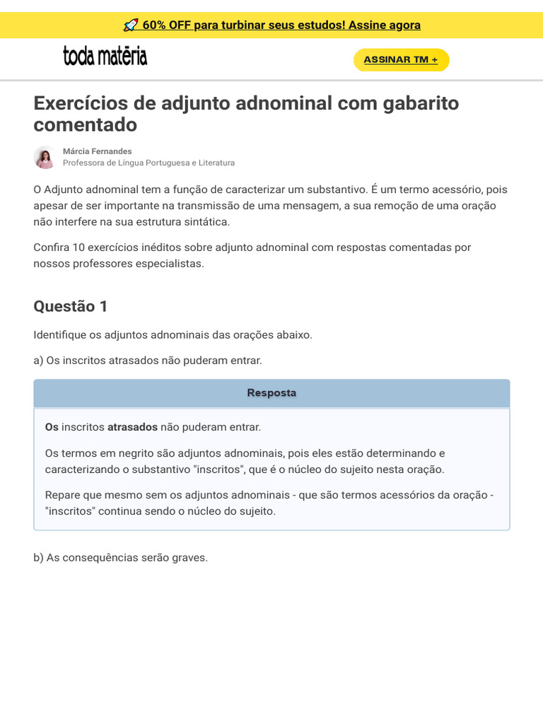 13.10. Exercícios de Adjunto Adnominal Com Gabarito Comentado - Toda ...