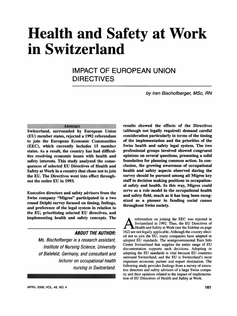 Migros 09 Bischofberger 2000 Health and Safety at Work in Switzerland Impact of European Union ...
