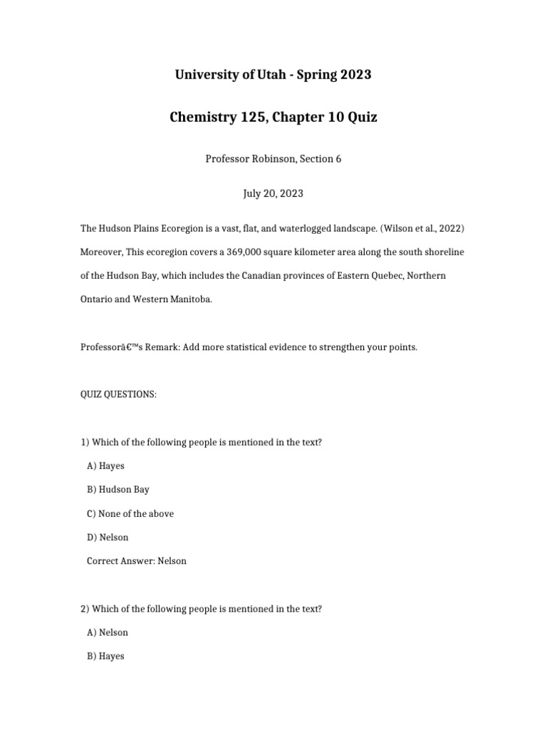 Chemistry 125 Chapter 10 Quiz | PDF