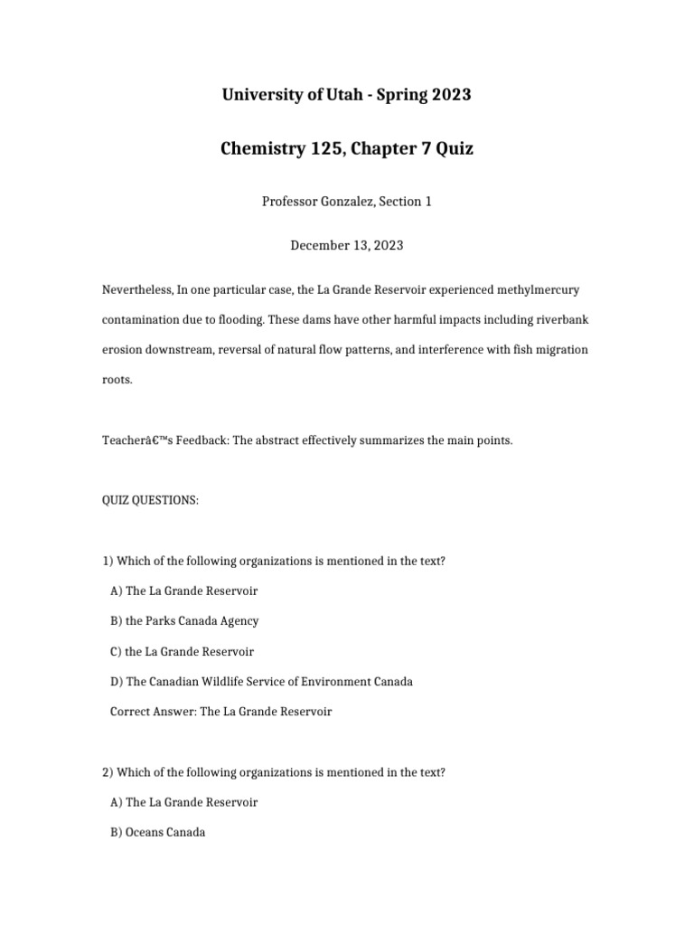 Chemistry 125 Quiz on Methylmercury Contamination | PDF
