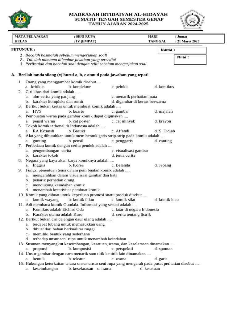 Soal STS Seni Rupa Kelas 4 Genap | PDF