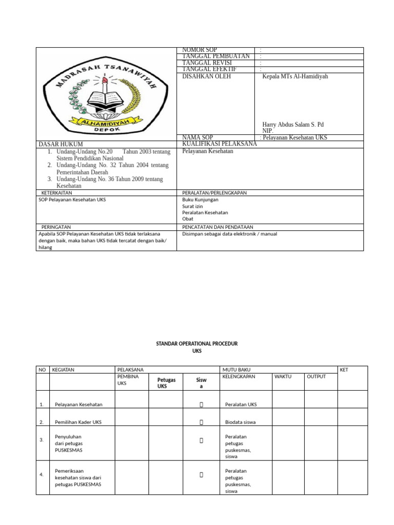 Nomor Sop: Tanggal Pembuatan: Tanggal Revisi: Tanggal Efektif: Disahkan Oleh Kepala Mts Al ...