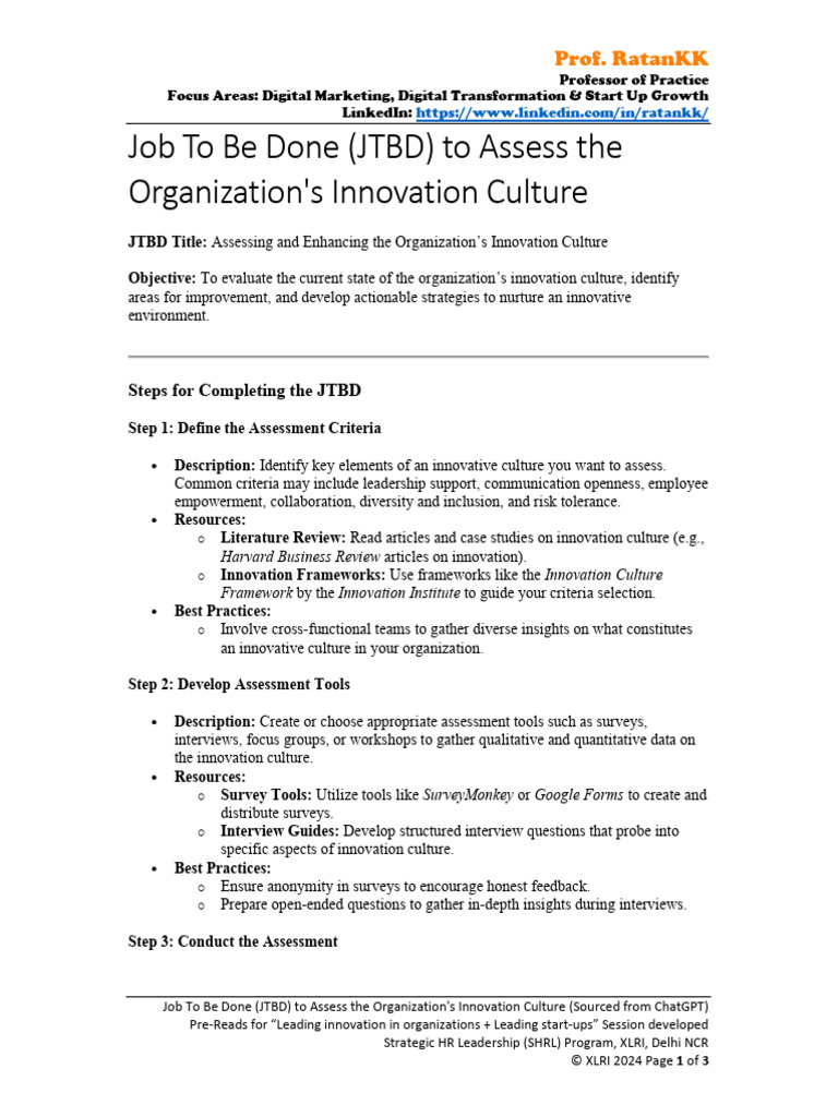 Job To Be Done (JTBD) To Assess The Organization's Innovation Culture - XLRI SHRL B4 - 20241109 ...