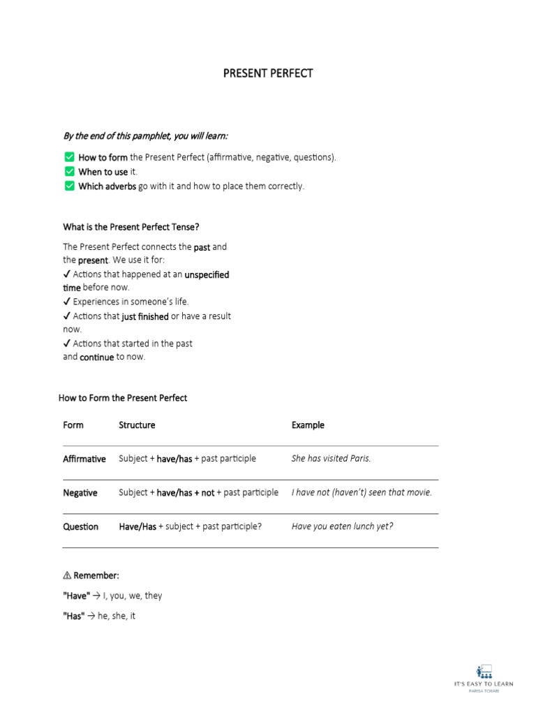 Present Perfect Pamphlet | PDF | Grammar | Linguistic Morphology