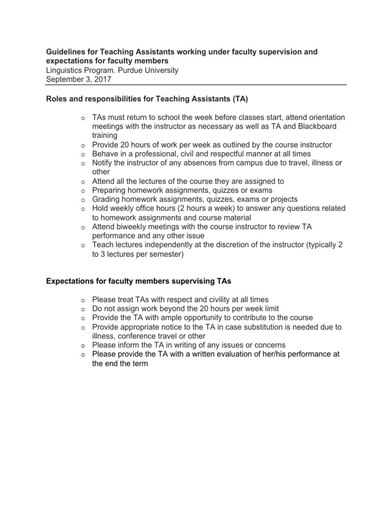 Guidelines For Teaching Assistantships | PDF