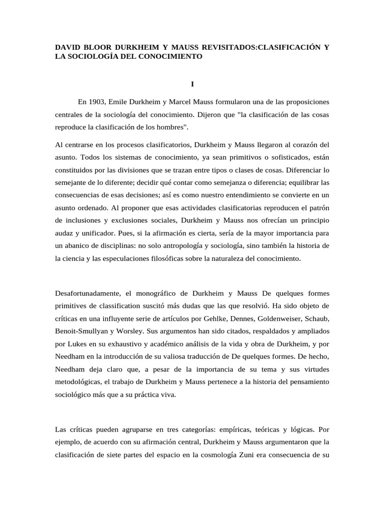 David Bloor Durkheim y Mauss Revisitados-Clasificación y La Sociología ...