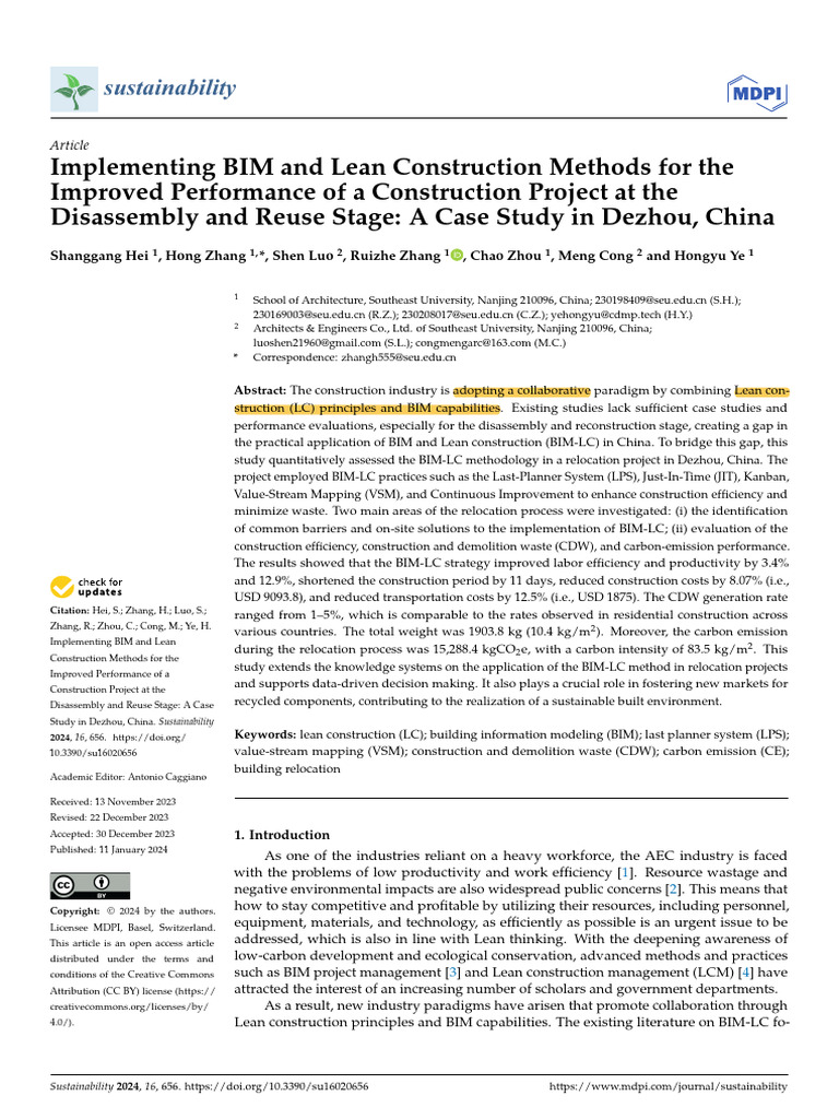 Implementing BIM and Lean Construction Methods for the Improved Performance of a Construction ...