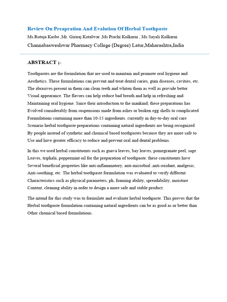 Review On Herbal Toothpaste 2025 | PDF | Oral Hygiene | Pharmaceutical ...