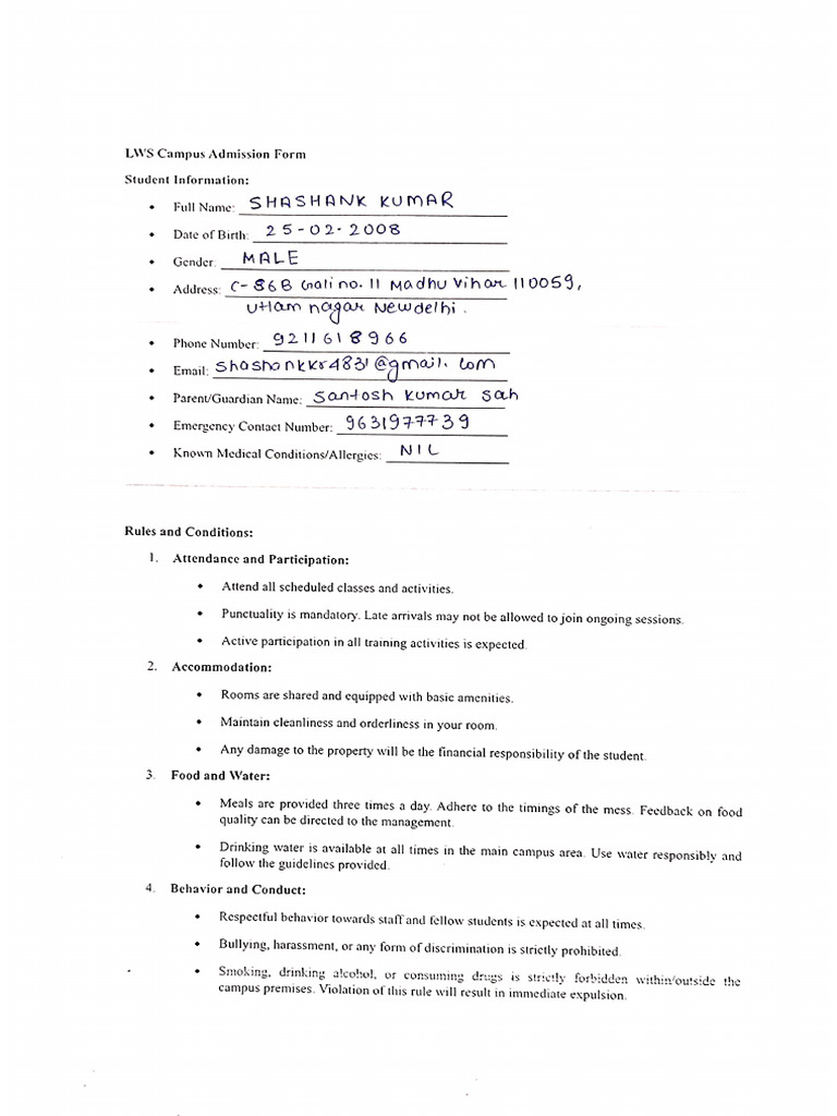 Shashank Kumar Lws Admission Form | PDF