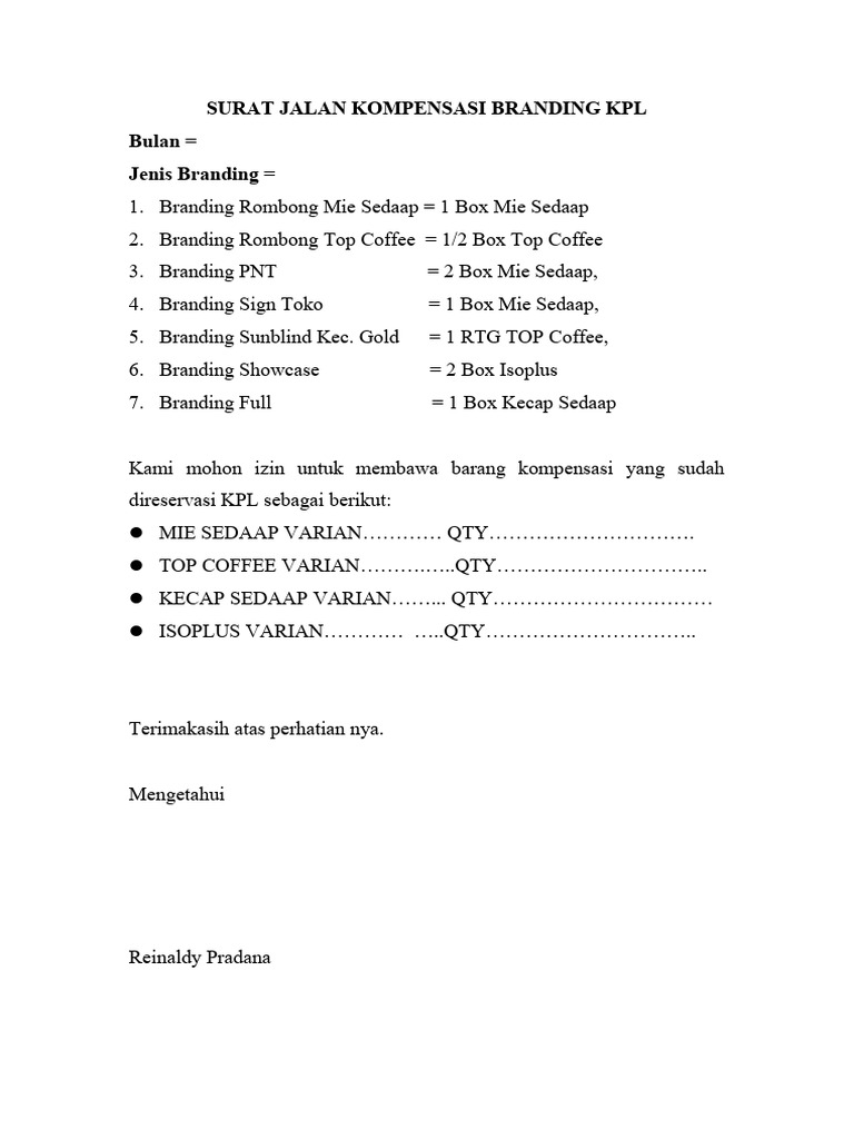 Surat Jalan Kompensasi Branding KPL | PDF