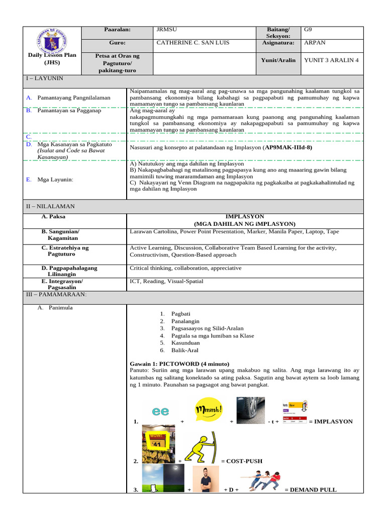 Mga Dahilan NG Implasyon Daily Lesson Plan | PDF